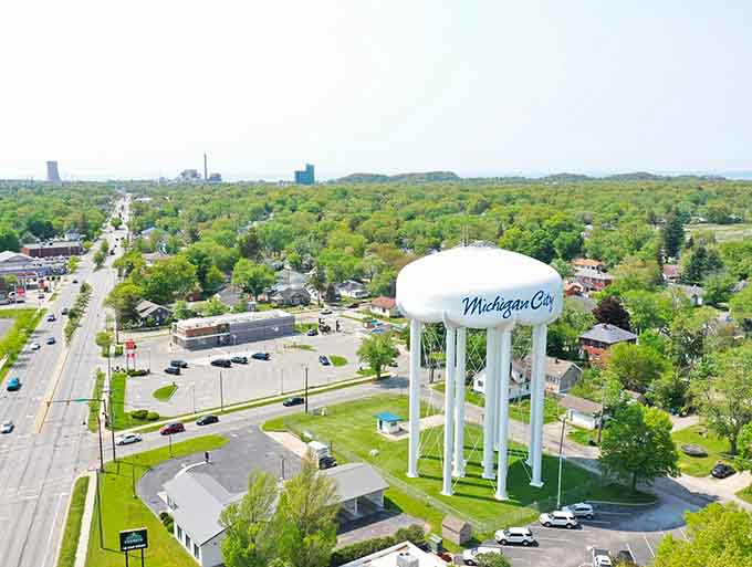 Michigan City's water tower stands guard like a friendly giant. Small towns do landmarks right around here.