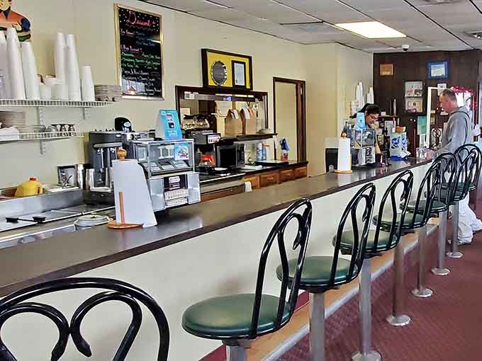 Counter seating offers front-row views of the kitchen action, where watching your food being prepared is half the entertainment.