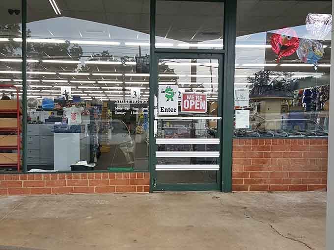 The welcoming entrance to bargain paradise, where "Open" is the most beautiful word in the English language.