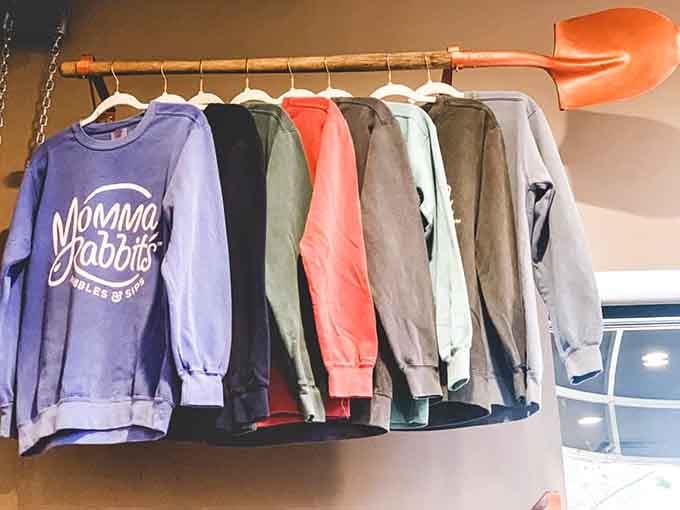 Even the merchandise display is charming, with sweatshirts hanging from a shovel because normal clothing racks are too boring.