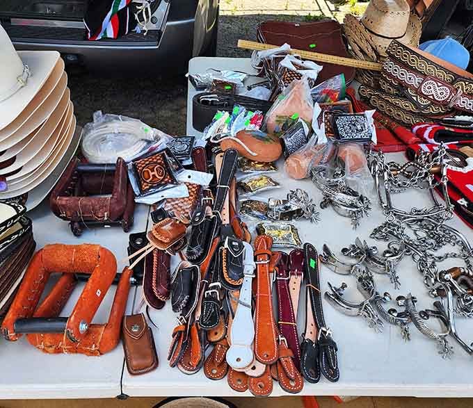 From leather goods to decorative pieces, this vendor's table showcases the delightful randomness that makes swap meet shopping so addictive.