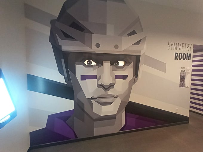 This geometric face sculpture watches over the Symmetry Room like a modernist guardian of all things perfectly balanced here.