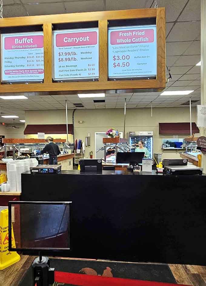 The payment counter where dreams of unlimited catfish become reality&mdash;your gateway to Southern buffet paradise awaits here.