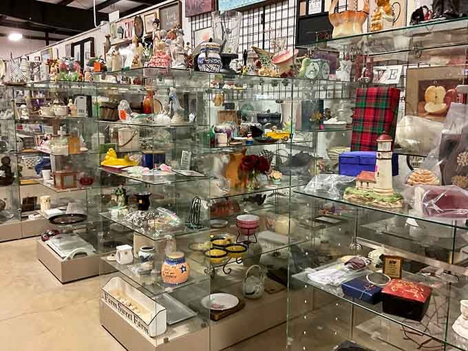 Glass display cases showcase delicate treasures that survived someone's spring cleaning spree remarkably intact.