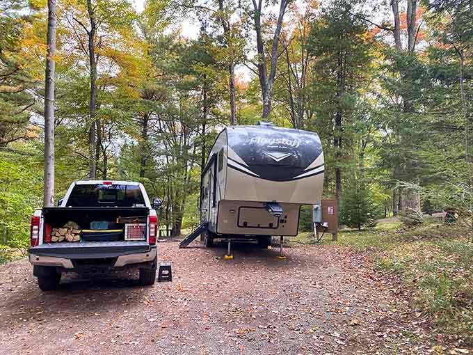 Campgrounds nestled among autumn trees offer all the adventure with convenient access to actual bathrooms and running water.