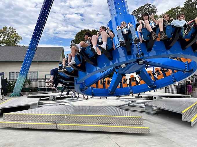 This spinning ride looks like a giant decided to play with a very colorful, very dizzy dinner plate.