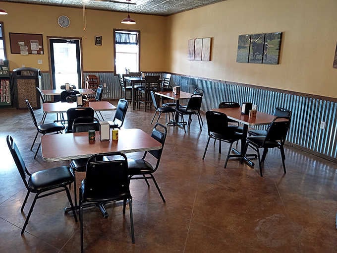The dining area's corrugated metal wainscoting adds country charm to your lunch break or morning coffee ritual.