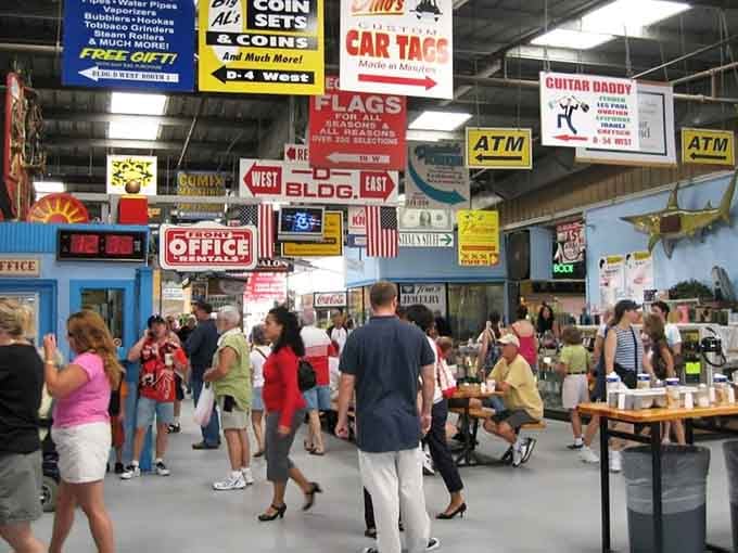 The bustling crowd and vintage signs overhead capture that authentic flea market energy money simply cannot buy elsewhere.