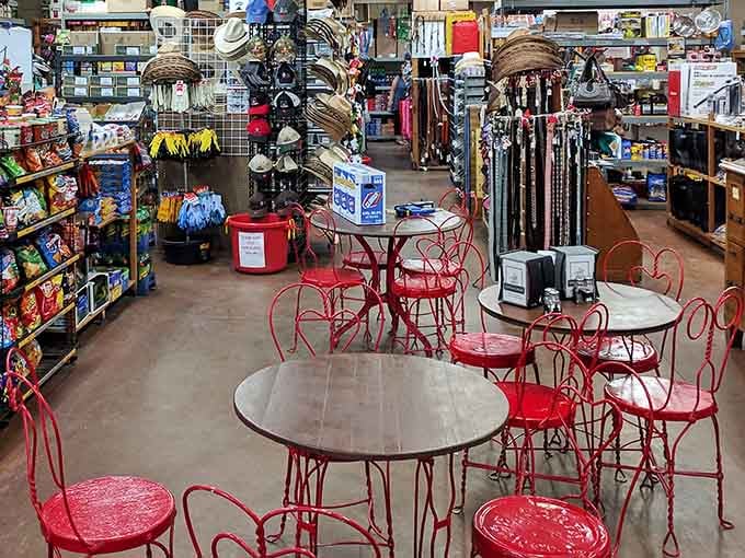 Those bright red bistro chairs scattered throughout invite you to sit, relax, and enjoy your treats like civilized desert wanderers.