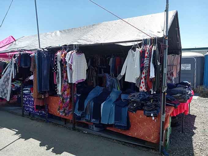 Clothing racks overflow with possibilities, proving fashion doesn't require a trust fund or credit limit.
