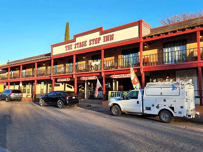 The Stage Stop Inn's two-story balconies practically demand you imagine stagecoaches pulling up for weary travelers.