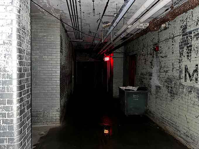 That exit sign glowing red in the darkness is either reassuring or the setup for something terrifying.