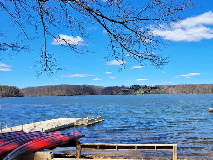 Kayaks waiting by the shore promise adventures that don't require special skills, just willingness to get slightly wet.