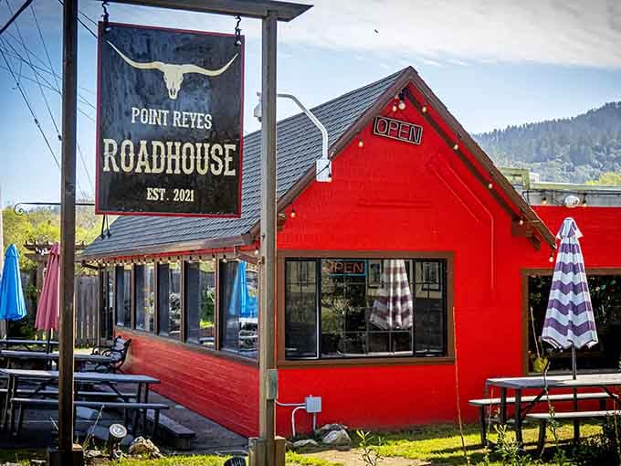 The bright red Point Reyes Roadhouse stands out like a delicious beacon for hungry travelers everywhere.
