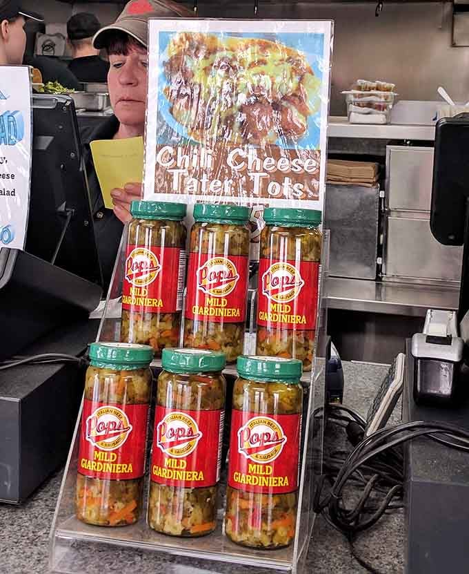 Pop's own giardiniera stands ready to add heat and tang, bottled and available for true believers.