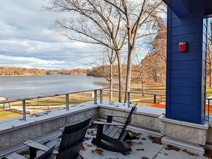 Adirondack chairs overlooking water views that real estate agents dream about in their sleep.