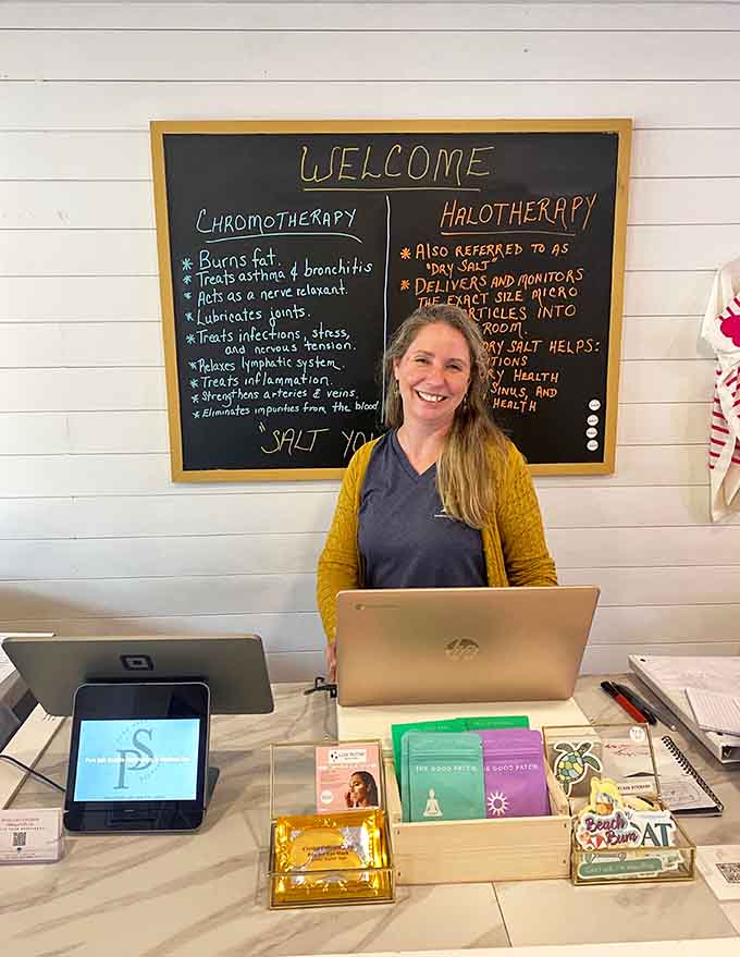 That chalkboard breaks down halotherapy benefits like a wellness professor who actually wants you to understand the material here.