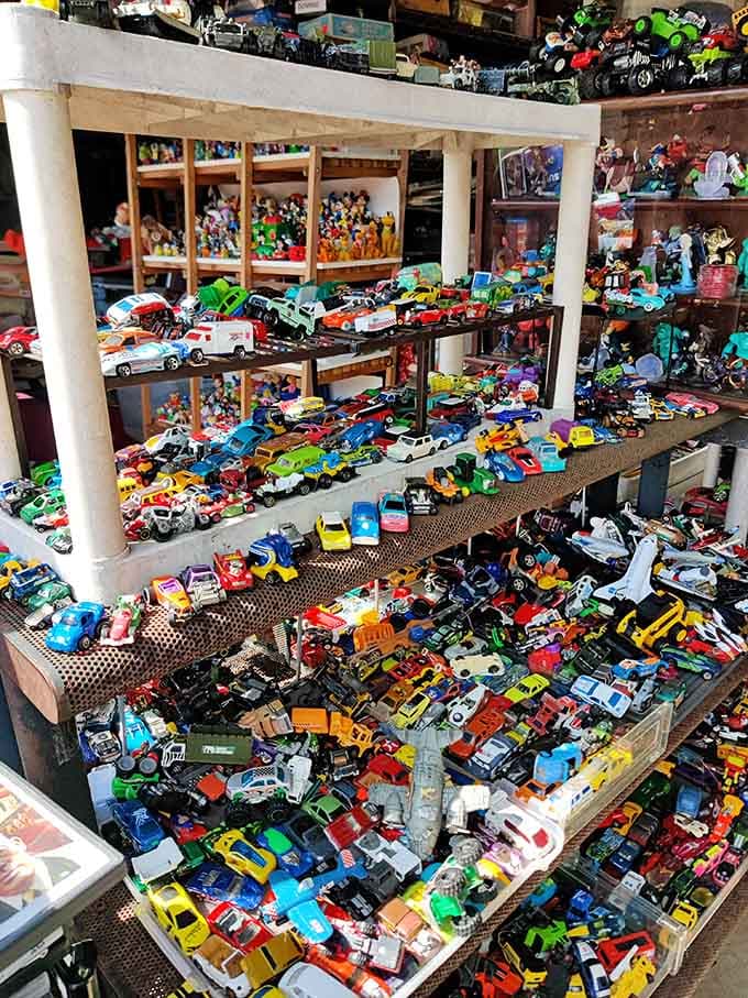 Die-cast cars piled high, triggering nostalgia for anyone who ever played on a living room floor.
