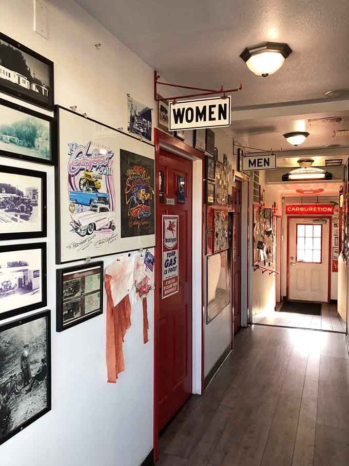 The hallway to the restrooms doubles as a museum exhibit celebrating when gas stations had actual service.
