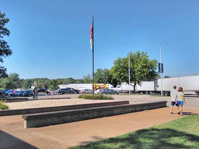 The American flag flies proudly as travelers from every state pause here on their journey across the heartland.