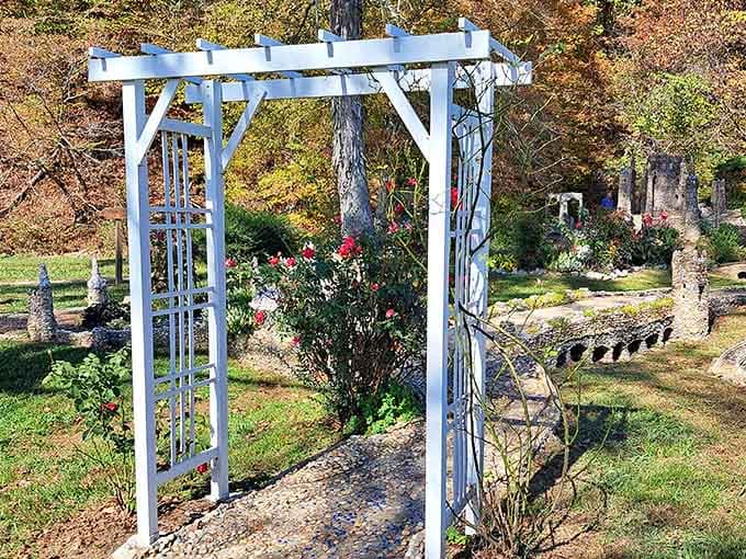 A white arbor frames the garden beyond, offering the perfect spot to pause and appreciate the view.