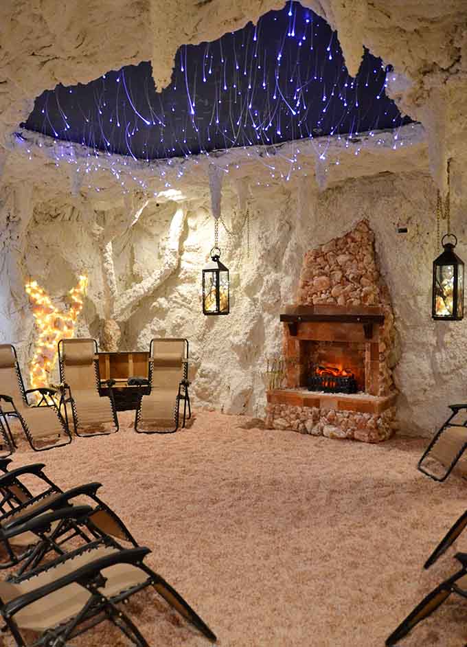 Royal Salt Cave & Spa's salt cave with its textured walls and cozy fireplace resembles a grotto where mermaids might vacation themselves.