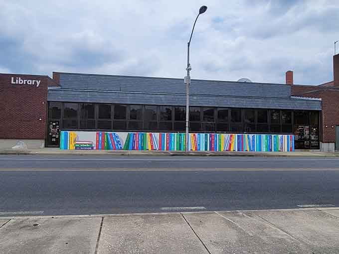 Even the library gets artistic flair with colorful book murals, because culture matters in affordable towns too.