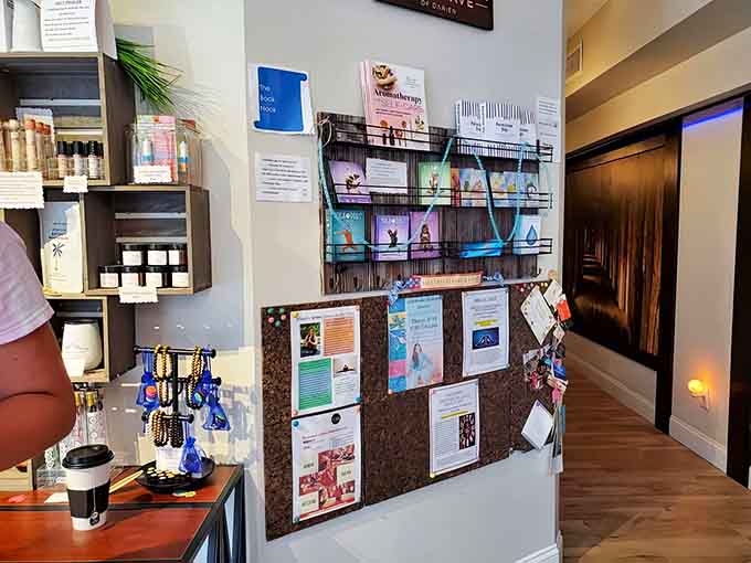 The community board shares information about upcoming sessions and wellness events for curious salt cave enthusiasts.