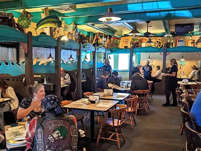 Happy diners enjoy their meals surrounded by nautical decor that somehow works perfectly in landlocked Wisconsin territory.