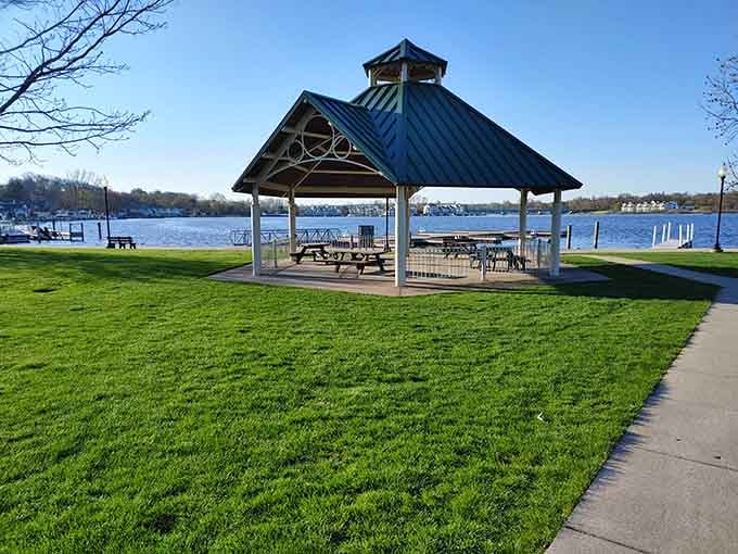 Waterfront pavilions offer shaded spots to rest, picnic, and contemplate why you don't visit this place more often than you do.