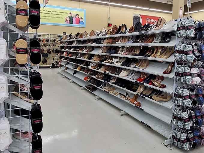 Shoes line up like contestants in a beauty pageant where comfort and price are the winning categories.