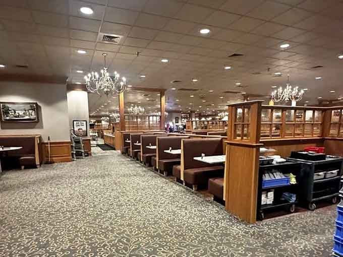 Booth seating stretches into the distance, ready to cradle you gently as you contemplate your delicious life choices.