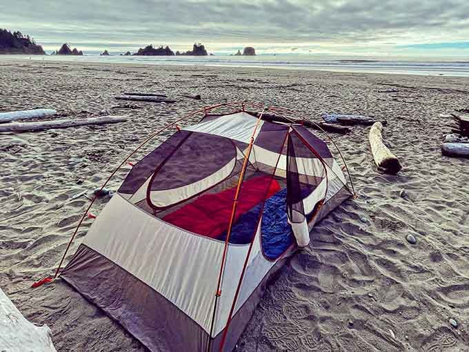 Camping here means falling asleep to waves and waking to views that beat any hotel room ever built.