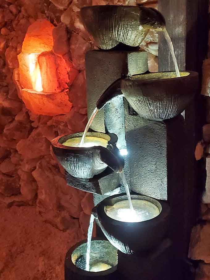 This cascading fountain feature adds soothing water sounds to complement the salt-infused air you're breathing in deeply.