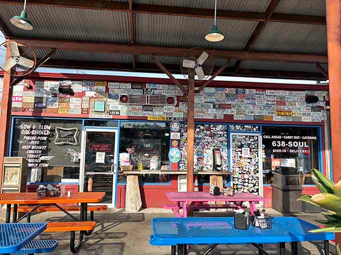 Outdoor seating with colorful picnic tables where you can enjoy your meal while soaking up that Georgia coastal sunshine.