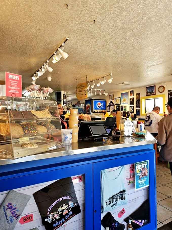 The counter displays frozen chowder quarts ready for shipping, because some people plan ahead for their next fix.