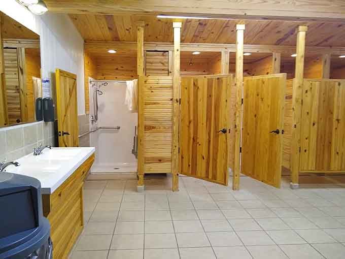 Bathrooms with actual wood paneling because even nature calls deserve a touch of class and dignity.