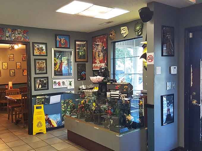 The counter area doubles as a collectibles showcase, blending ordering food with admiring some serious memorabilia.