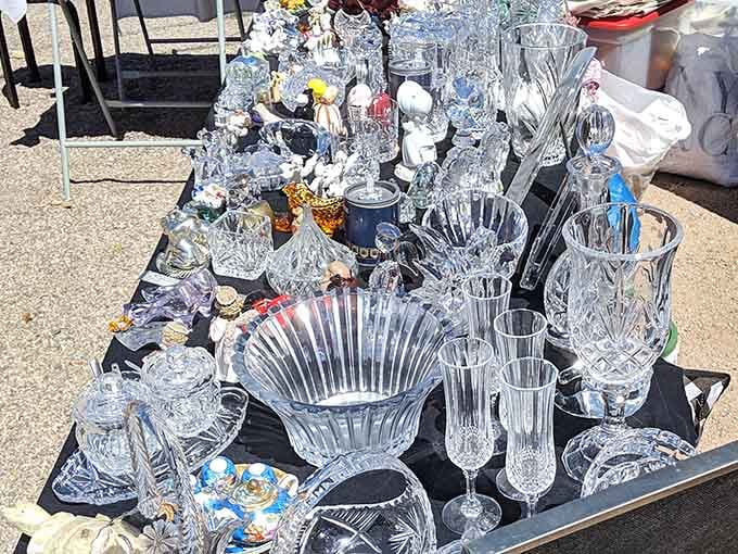 Crystal glassware sparkling in the Arizona sun, turning everyday drinking into an unexpectedly fancy affair for pennies.