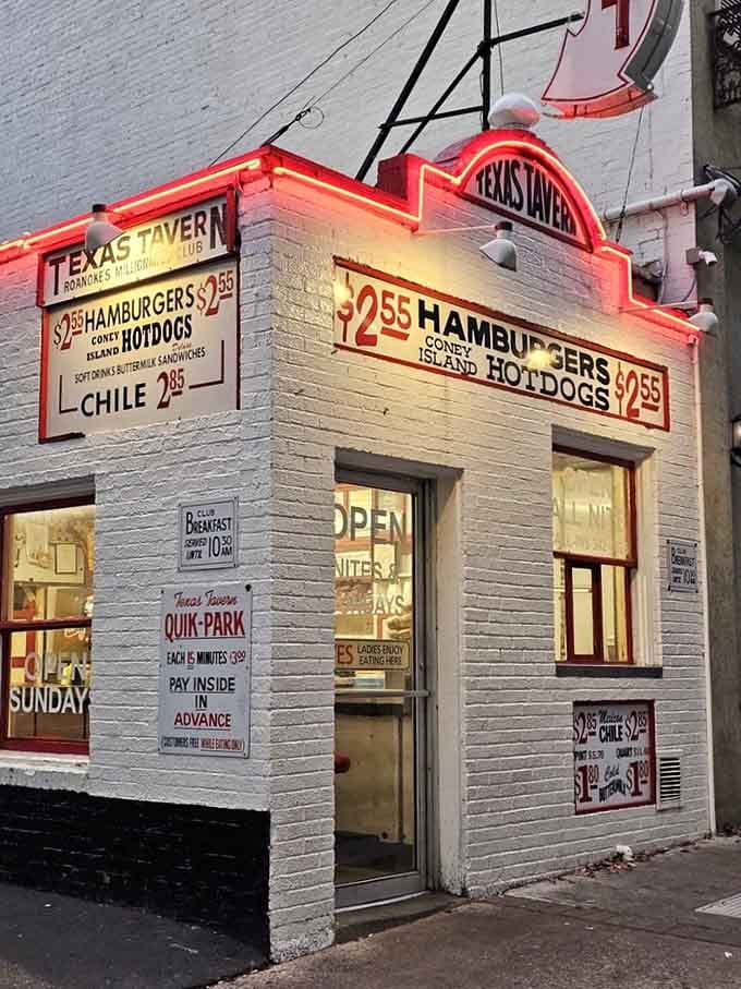 The neon glow promises good food at any hour, a comforting sight for night owls and early birds.