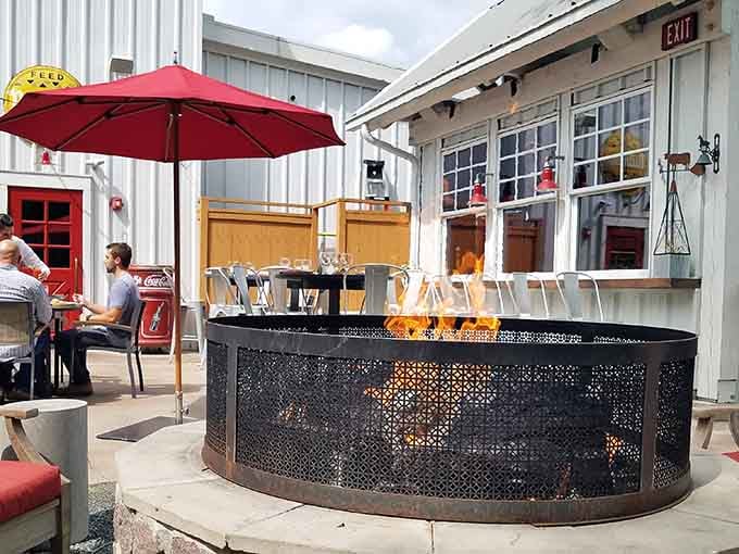 The outdoor fire pit creates the perfect spot for drinks while pretending you're at a countryside estate.