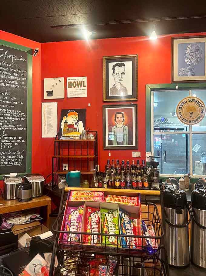 Literary portraits watch over the candy rack, because even serious readers need a little sugar with their Starburst.