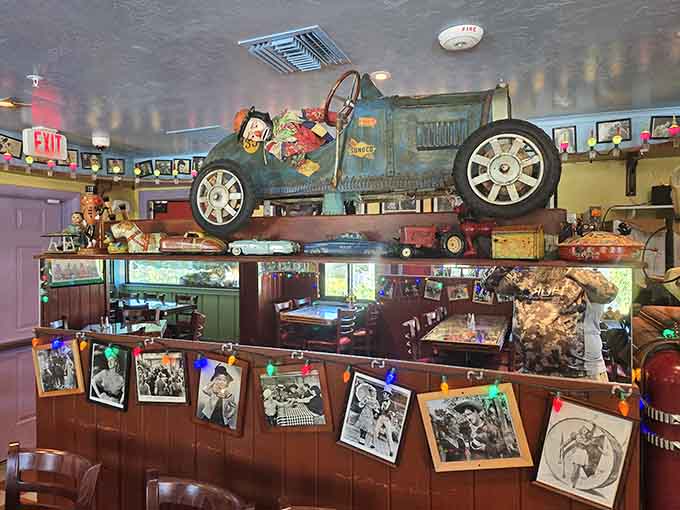 That vintage car hanging overhead represents the restaurant's commitment to never doing anything halfway, thankfully for us.