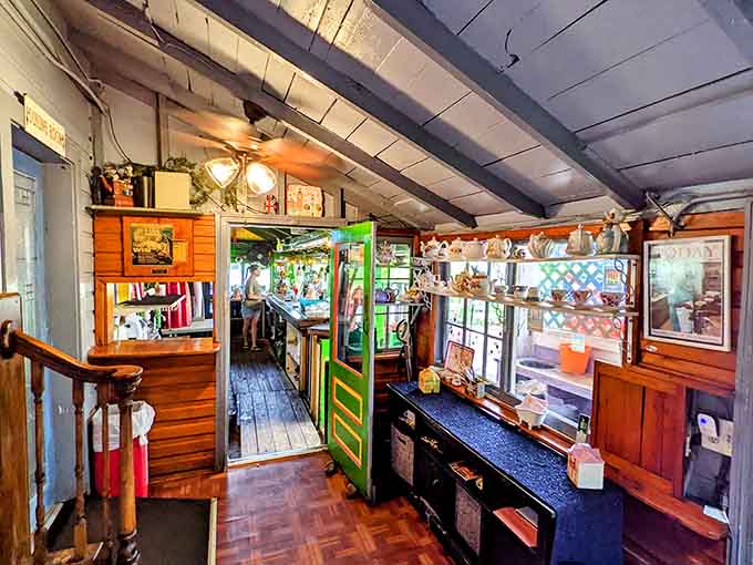 Wood floors, vintage furniture, and enough knickknacks to keep antique hunters happily distracted between courses for hours.