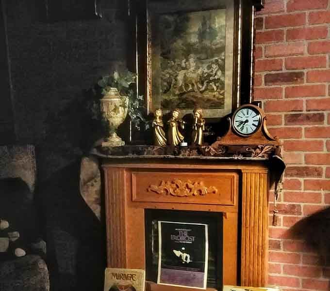 Ornate fireplace mantel adorned with antiques that have witnessed more history than most museums could claim.