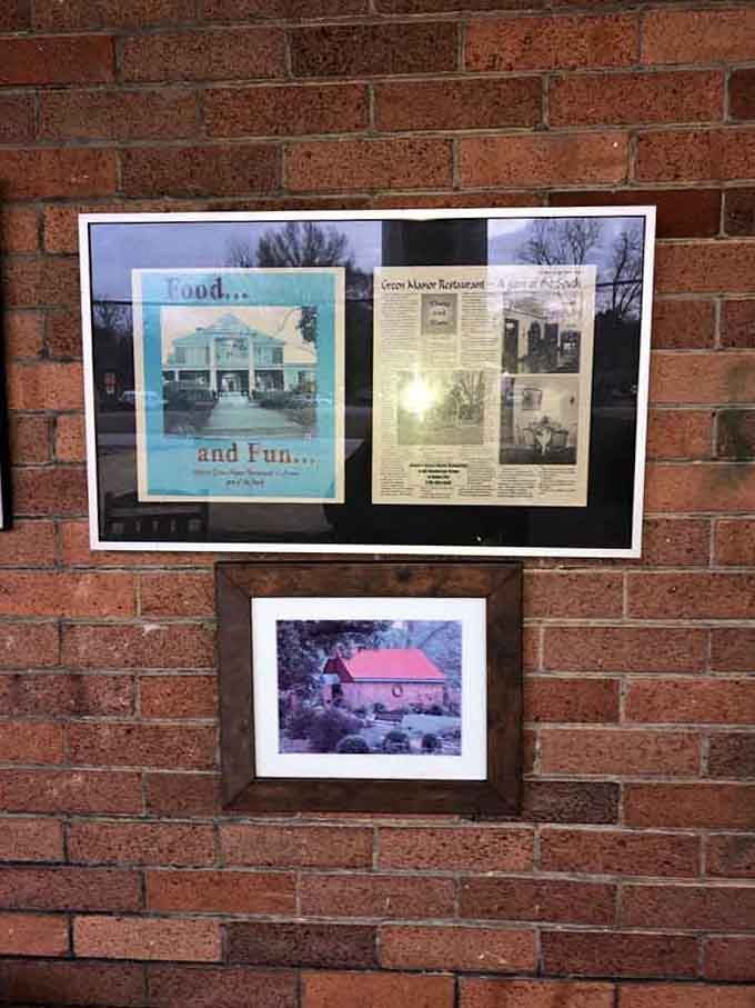 Vintage photographs and newspaper clippings on brick walls remind diners that great food creates lasting memories and stories.