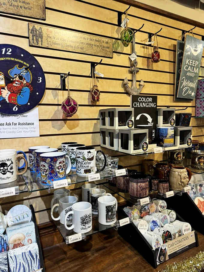 Pirate-themed mugs and nautical trinkets let you take home a piece of this legendary spot, memories included at no charge.