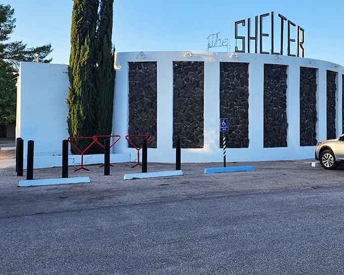The building stands proud in daylight, a monument to Cold War paranoia transformed into Tucson's coolest neighborhood hangout spot.