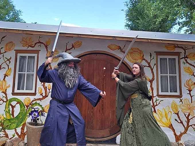Guests pose with swords proving that cosplay is not only encouraged but practically required here.