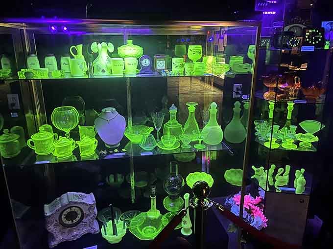 Uranium glass glows eerily under blacklight, transforming Depression-era dishware into radioactive art that collectors adore.